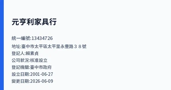 元亨利家具行的照片-統編 13434726(臺中市) 公司登記資料與營業項目詳細圖表