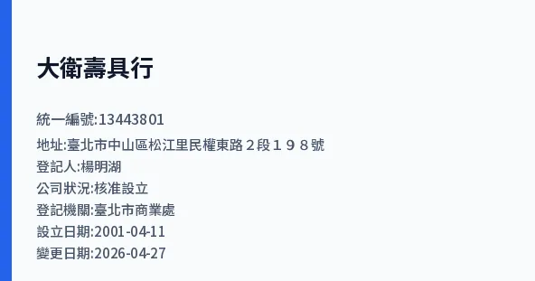 大衛壽具行的照片-統編 13443801(臺北市) 公司登記資料與營業項目詳細圖表