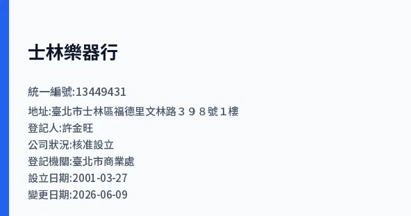 士林樂器行的照片-統編 13449431(臺北市) 公司登記資料與營業項目詳細圖表
