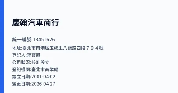 慶翰汽車商行的照片-統編 13451626(臺北市) 公司登記資料與營業項目詳細圖表