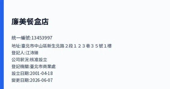 廉美餐盒店的照片-統編 13453997(臺北市) 公司登記資料與營業項目詳細圖表