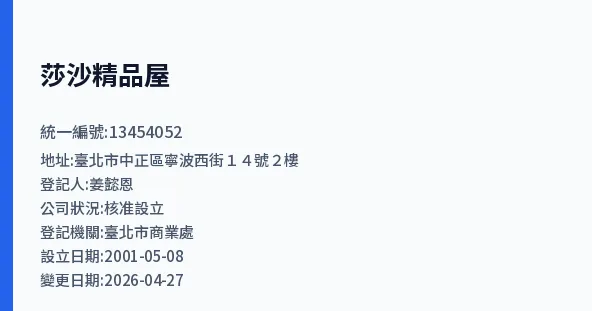 莎沙精品屋的照片-統編 13454052(臺北市) 公司登記資料與營業項目詳細圖表
