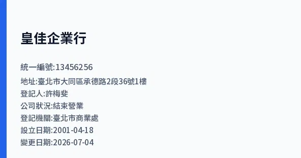 皇佳企業行的照片-統編 13456256(臺北市) 公司登記資料與營業項目詳細圖表