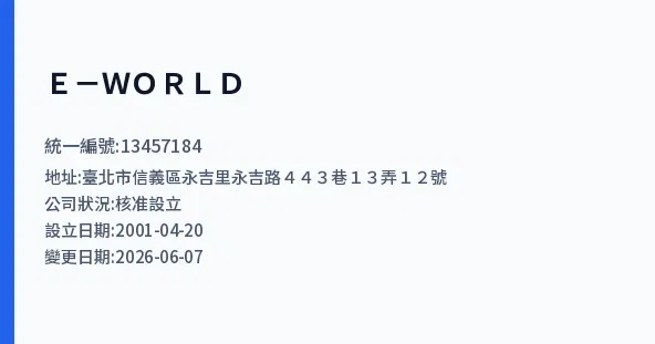 E-WORLD的照片-統編 13457184(臺北市) 公司登記資料與營業項目詳細圖表