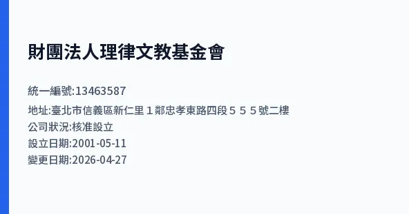 財團法人理律文教基金會的照片-統編 13463587(臺北市) 公司登記資料與營業項目詳細圖表