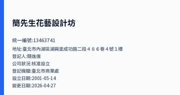 簡先生花藝設計坊的照片-統編 13463741(臺北市) 公司登記資料與營業項目詳細圖表