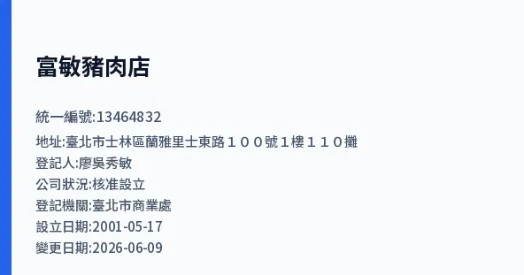 富敏豬肉店的照片-統編 13464832(臺北市) 公司登記資料與營業項目詳細圖表