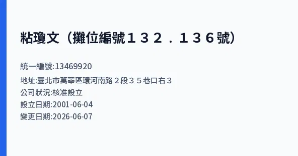 粘瓊文(攤位編號132﹒136號)的照片-統編 13469920(臺北市) 公司登記資料與營業項目詳細圖表