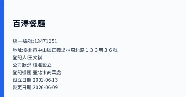 百澤餐廳的照片-統編 13471051(臺北市) 公司登記資料與營業項目詳細圖表