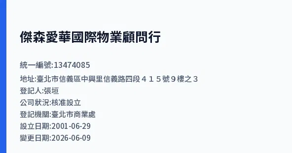 傑森愛華國際物業顧問行的照片-統編 13474085(臺北市) 公司登記資料與營業項目詳細圖表