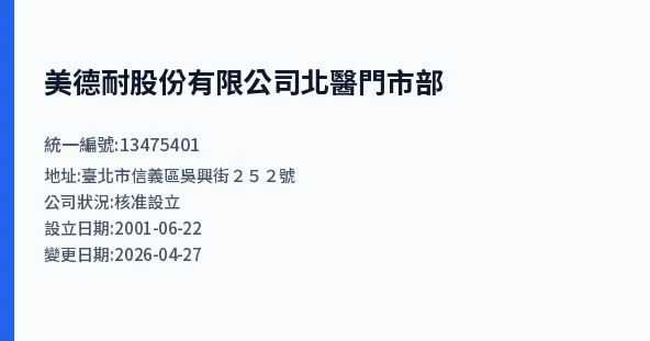美德耐股份有限公司北醫門市部的照片-統編 13475401(臺北市) 公司登記資料與營業項目詳細圖表