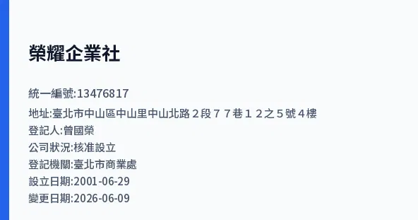 榮耀企業社的照片-統編 13476817(臺北市) 公司登記資料與營業項目詳細圖表