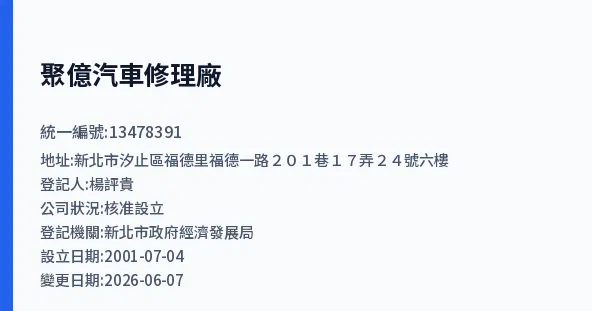 聚億汽車修理廠的照片-統編 13478391(新北市) 公司登記資料與營業項目詳細圖表