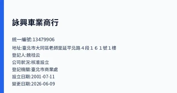 詠興車業商行的照片-統編 13479906(臺北市) 公司登記資料與營業項目詳細圖表