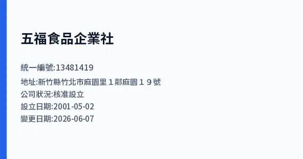 五福食品企業社的照片-統編 13481419(新竹縣) 公司登記資料與營業項目詳細圖表