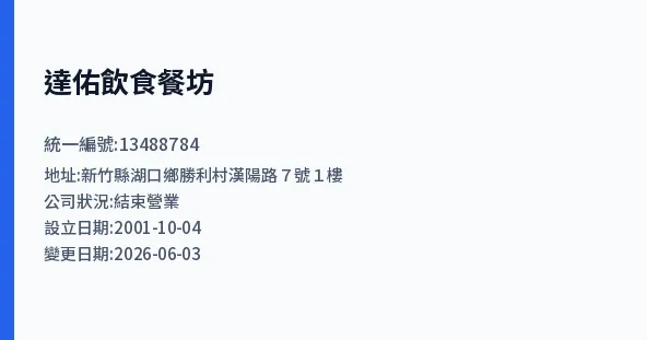 達佑飲食餐坊的照片-統編 13488784(新竹縣) 公司登記資料與營業項目詳細圖表