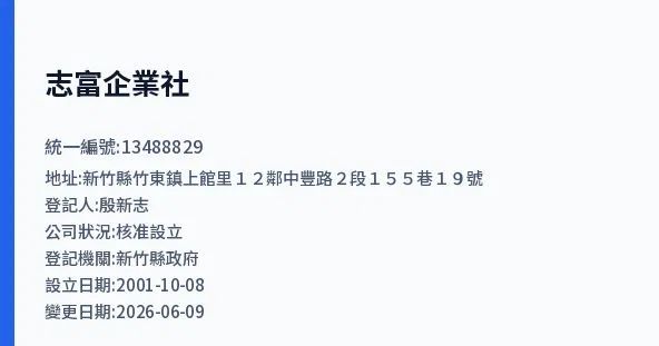 志富企業社的照片-統編 13488829(新竹縣) 公司登記資料與營業項目詳細圖表