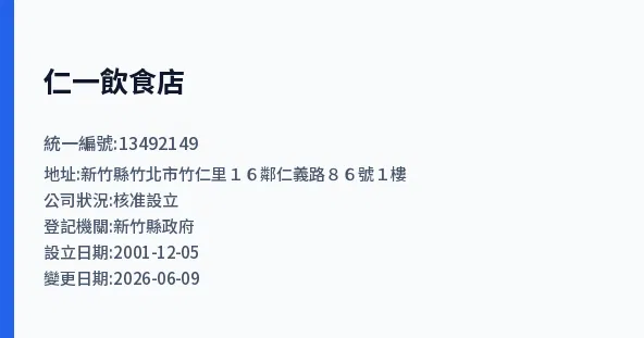 仁一飲食店的照片-統編 13492149(新竹縣) 公司登記資料與營業項目詳細圖表