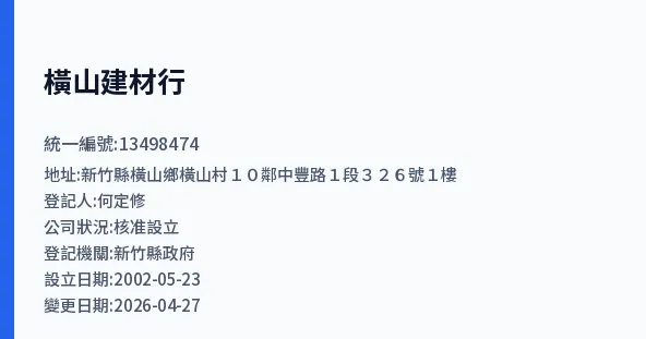 橫山建材行的照片-統編 13498474(新竹縣) 公司登記資料與營業項目詳細圖表