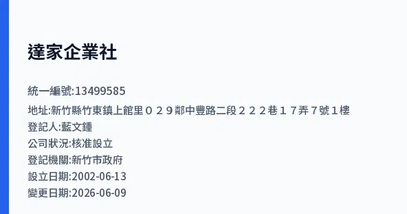 達家企業社的照片-統編 13499585(新竹縣) 公司登記資料與營業項目詳細圖表