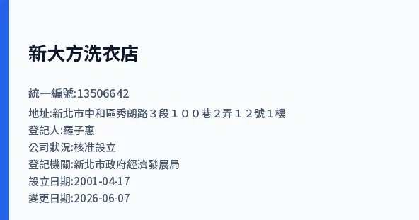 新大方洗衣店的照片-統編 13506642(新北市) 公司登記資料與營業項目詳細圖表