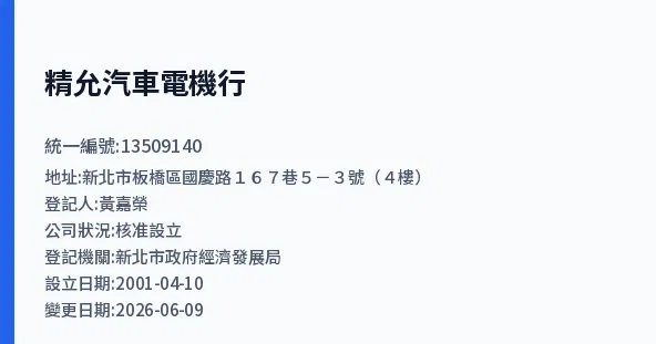 精允汽車電機行的照片-統編 13509140(新北市) 公司登記資料與營業項目詳細圖表