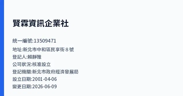 賢霖資訊企業社的照片-統編 13509471(新北市) 公司登記資料與營業項目詳細圖表
