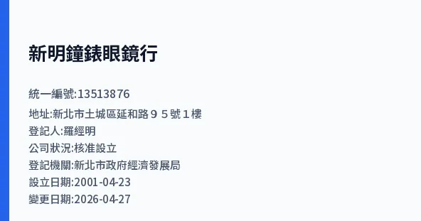 新明鐘錶眼鏡行的照片-統編 13513876(新北市) 公司登記資料與營業項目詳細圖表