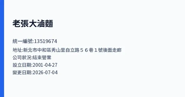 老張大滷麵的照片-統編 13519674(新北市) 公司登記資料與營業項目詳細圖表