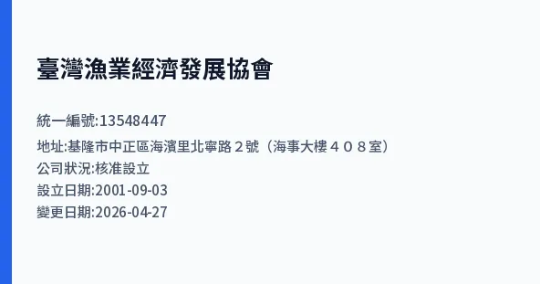 臺灣漁業經濟發展協會的照片-統編 13548447(基隆市) 公司登記資料與營業項目詳細圖表