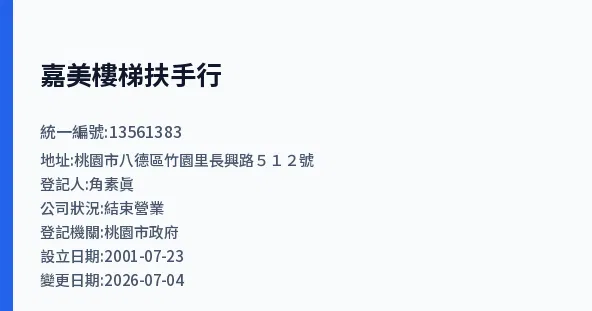 嘉美樓梯扶手行的照片-統編 13561383(桃園市) 公司登記資料與營業項目詳細圖表