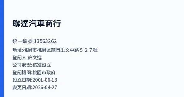 聯達汽車商行的照片-統編 13563262(桃園市) 公司登記資料與營業項目詳細圖表