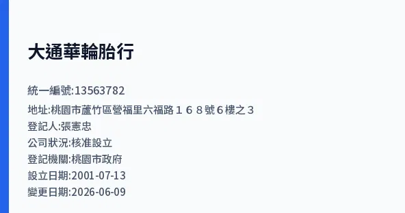 大通華輪胎行的照片-統編 13563782(桃園市) 公司登記資料與營業項目詳細圖表