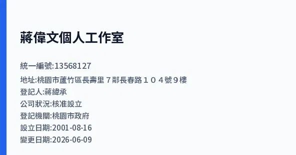 蔣偉文個人工作室的照片-統編 13568127(桃園市) 公司登記資料與營業項目詳細圖表