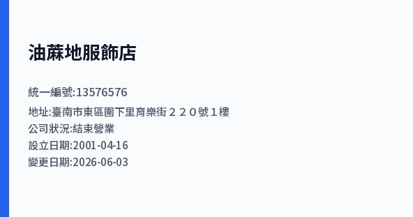 油蔴地服飾店的照片-統編 13576576(臺南市) 公司登記資料與營業項目詳細圖表