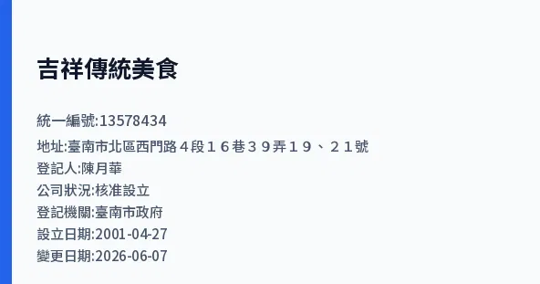吉祥傳統美食的照片-統編 13578434(臺南市) 公司登記資料與營業項目詳細圖表