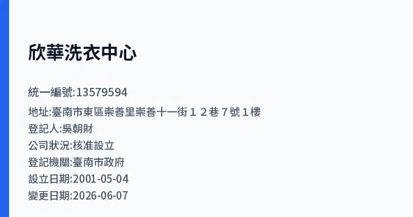 欣華洗衣中心的照片-統編 13579594(臺南市) 公司登記資料與營業項目詳細圖表