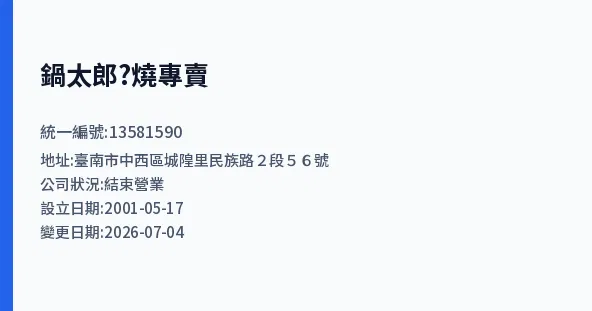 鍋太郎?燒專賣的照片-統編 13581590(臺南市) 公司登記資料與營業項目詳細圖表
