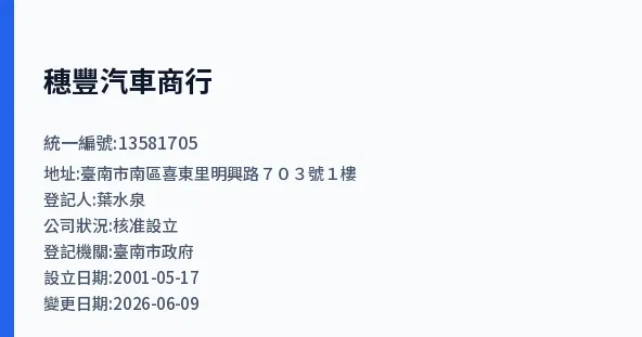 穗豐汽車商行的照片-統編 13581705(臺南市) 公司登記資料與營業項目詳細圖表