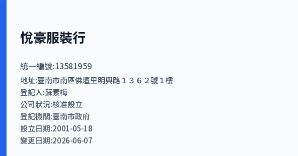 悅豪服裝行的照片-統編 13581959(臺南市) 公司登記資料與營業項目詳細圖表