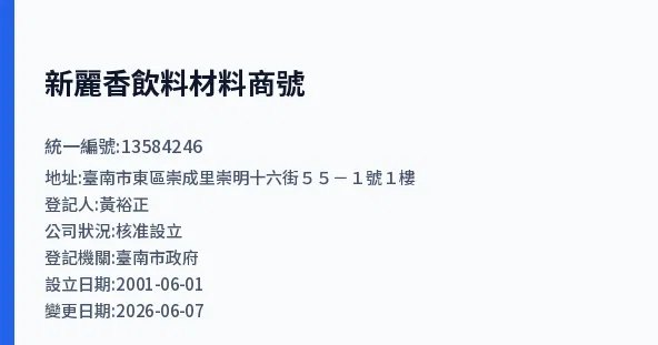 新麗香飲料材料商號的照片-統編 13584246(臺南市) 公司登記資料與營業項目詳細圖表