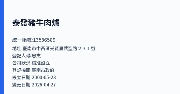 泰發豬牛肉爐的照片-統編 13586589(臺南市) 公司登記資料與營業項目詳細圖表