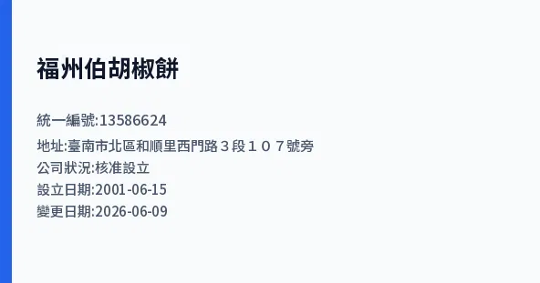 福州伯胡椒餅的照片-統編 13586624(臺南市) 公司登記資料與營業項目詳細圖表