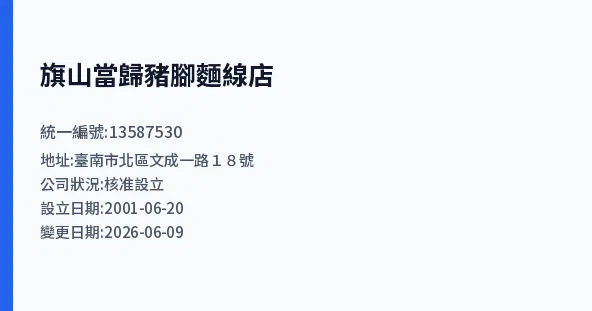 旗山當歸豬腳麵線店的照片-統編 13587530(臺南市) 公司登記資料與營業項目詳細圖表