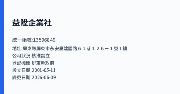 益陞企業社的照片-統編 13596849(屏東縣) 公司登記資料與營業項目詳細圖表