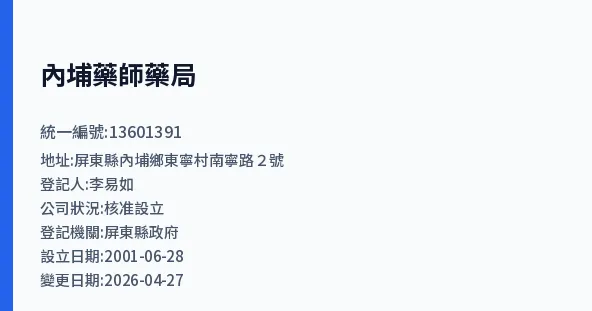 內埔藥師藥局的照片-統編 13601391(屏東縣) 公司登記資料與營業項目詳細圖表