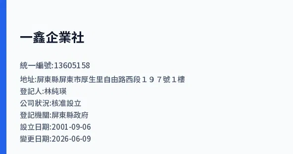 一鑫企業社的照片-統編 13605158(屏東縣) 公司登記資料與營業項目詳細圖表