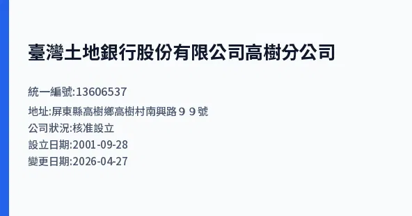 臺灣土地銀行股份有限公司高樹分公司的照片-統編 13606537(屏東縣) 公司登記資料與營業項目詳細圖表