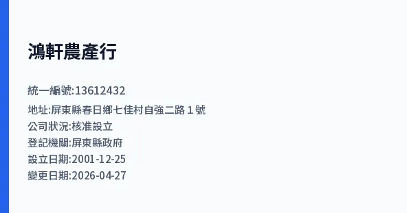 鴻軒農產行的照片-統編 13612432(屏東縣) 公司登記資料與營業項目詳細圖表