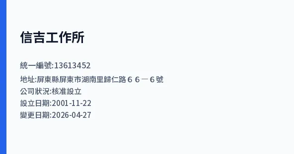 信吉工作所的照片-統編 13613452(屏東縣) 公司登記資料與營業項目詳細圖表